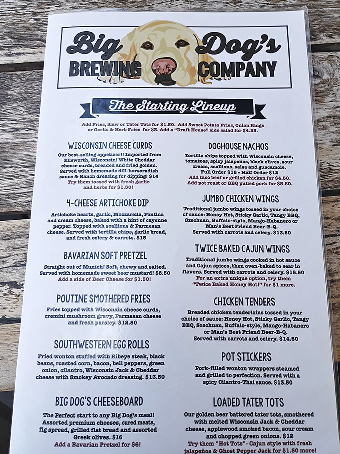 A menu that reads like a love letter to Wisconsin comfort food. Those cheese curds aren't just appetizers—they're little golden nuggets of joy.