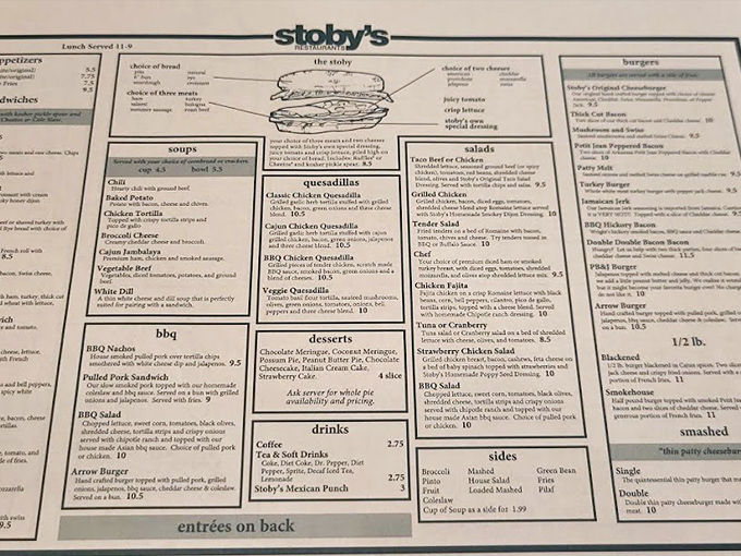 The menu at Stoby's reads like a love letter to comfort food, with the famous Stoby sandwich taking center stage.