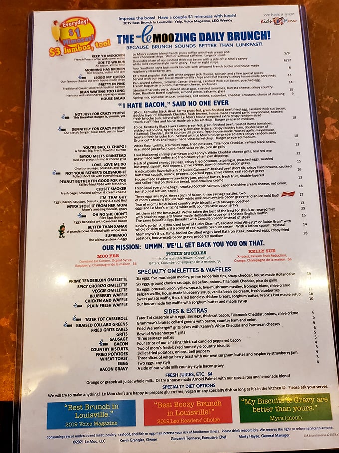 This isn't your ordinary brunch menu&mdash;it's a manifesto of morning delights. "I Hate Bacon, Said No One Ever" might be the truest statement in Kentucky.