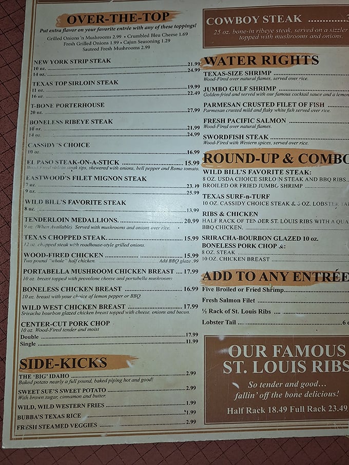 This menu isn't just a list&mdash;it's a roadmap to happiness. The "Cowboy Steak" isn't just a meal, it's a commitment.