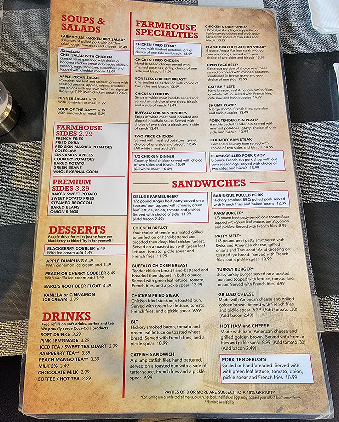 This menu doesn't need trendy fonts or fancy descriptions—just honest food at prices that won't require a second mortgage.