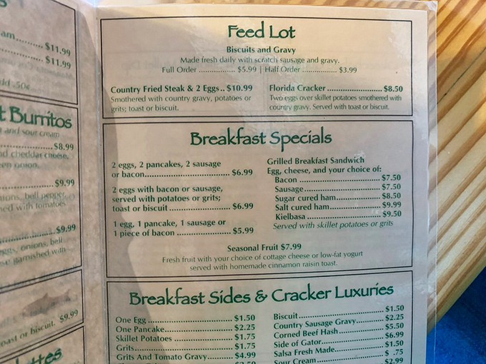 A menu that speaks the universal language of comfort food. Notice that "Side of Gator" casually listed among breakfast sides&mdash;pure Florida.