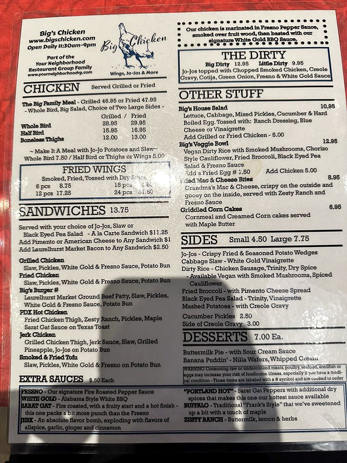 A menu that doesn't need fancy fonts or flowery descriptions&mdash;just the honest promise of poultry perfection and sides worth fighting over. 