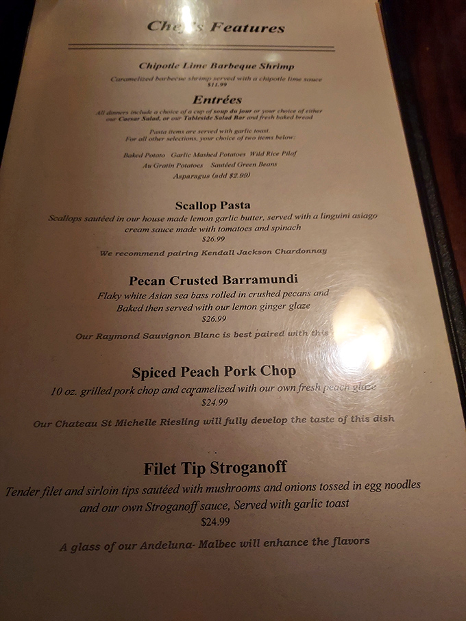 A menu that reads like poetry to meat lovers. The "Filet Tip Stroganoff" isn't just a dish&mdash;it's practically literature.