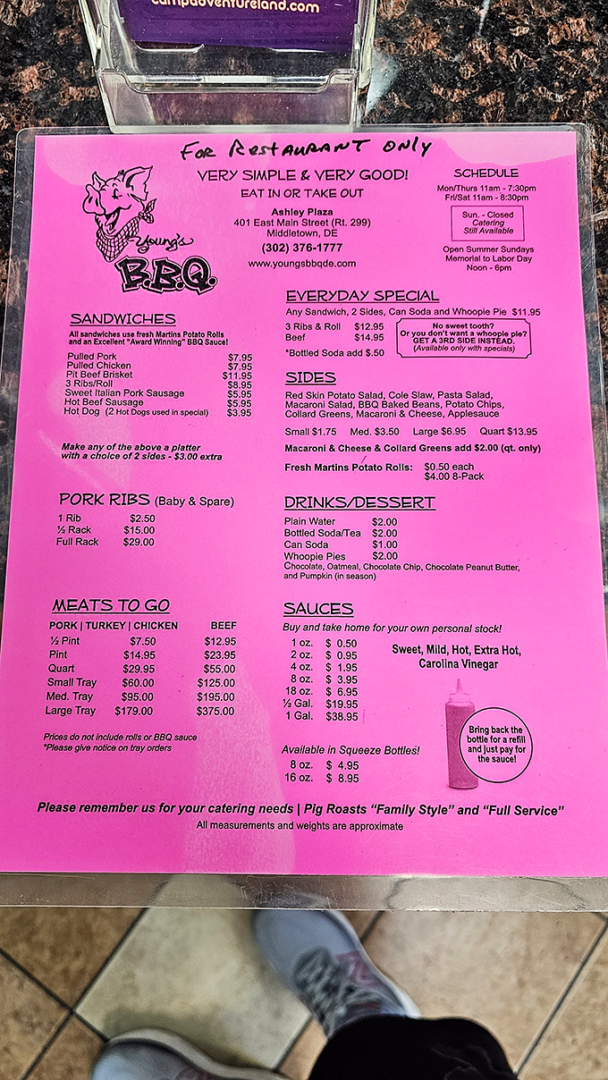 The pink menu reads like barbecue poetry. "VERY SIMPLE & VERY GOOD!" isn't just a slogan&mdash;it's the honest-to-goodness truth about everything they serve.