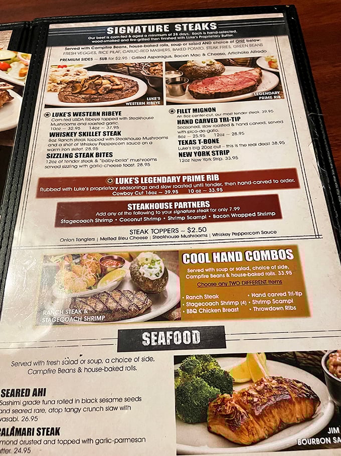 The menu reads like a carnivore's dream journal, with Luke's Legendary Prime Rib taking center stage&mdash;a promise that's actually kept.