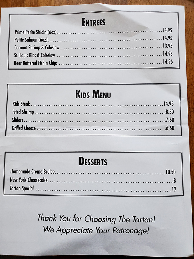 A menu that doesn't need fancy descriptions to impress. These classics speak for themselves, with the Tartan Special dessert whispering sweet nothings.