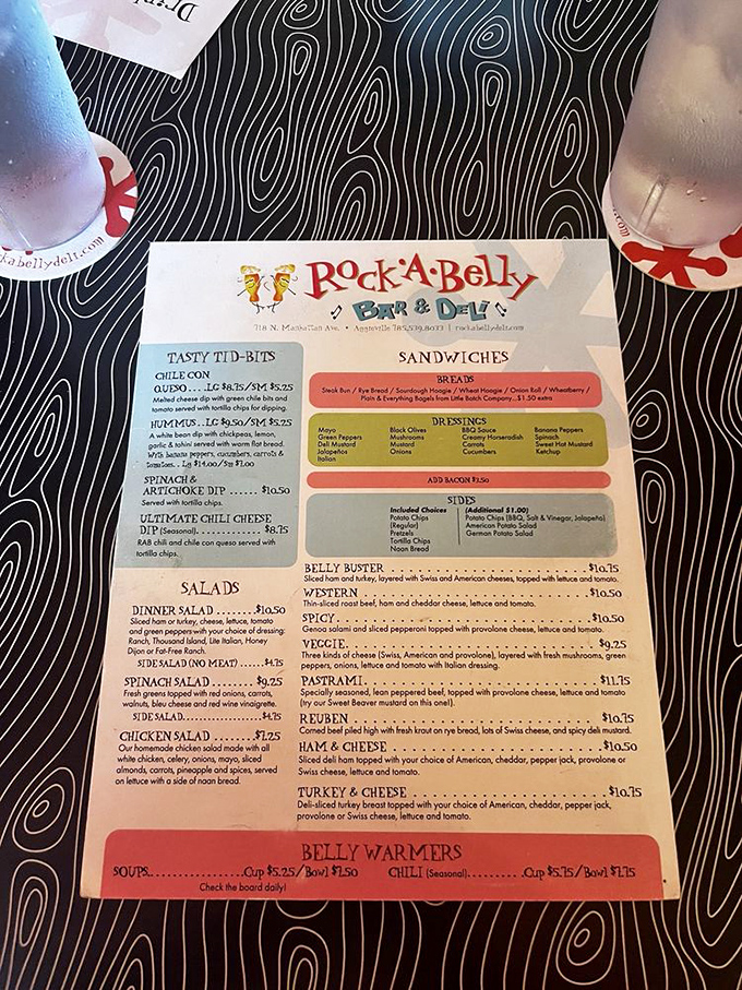 The menu reads like a love letter to sandwich perfection, with the "Belly Buster" standing as a monument to appetite and ambition.