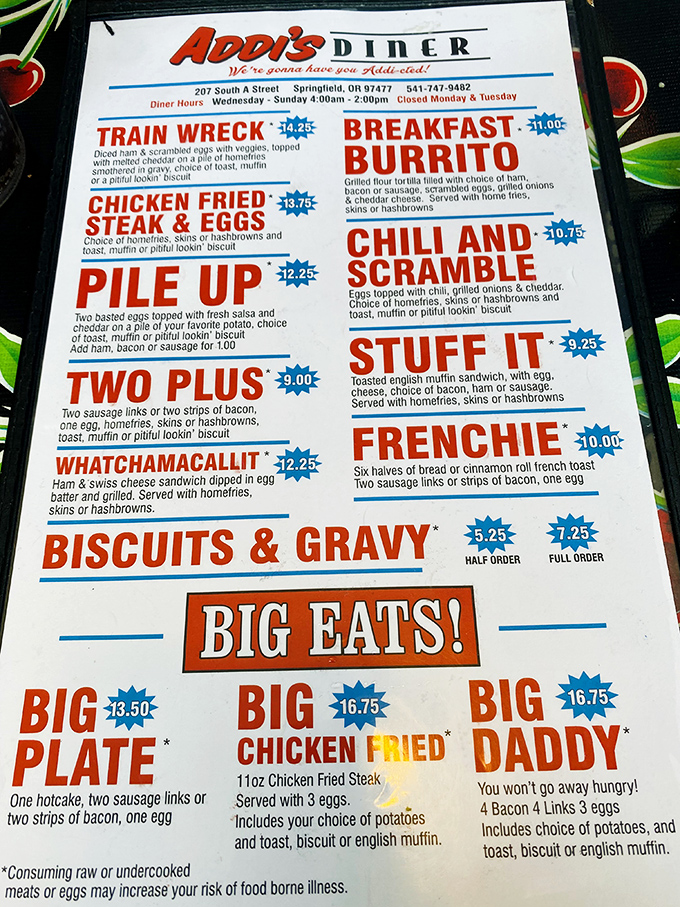 A menu that doesn't need fancy fonts or pretentious descriptions&mdash;just honest food with names like "Train Wreck" and "Whatchamacallit." Decision paralysis guaranteed.