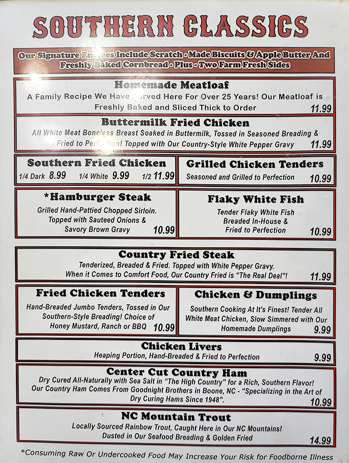 The menu reads like a love letter to Southern cuisine, with that famous meatloaf taking center stage among the classics.