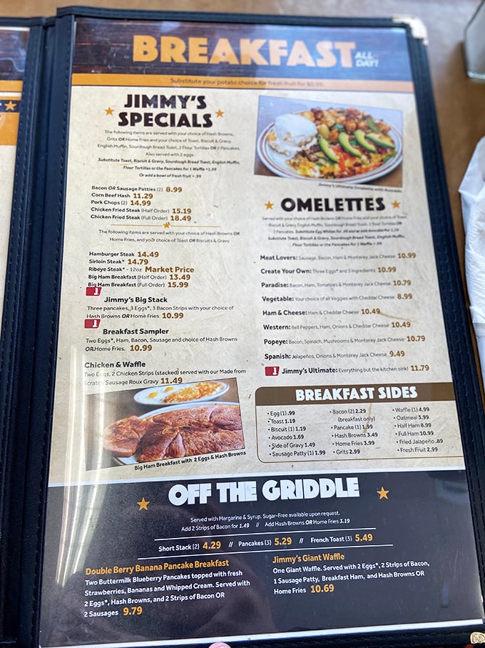 A menu that reads like a love letter to American breakfast classics. Jimmy's Specials section alone could keep you coming back weekly for a year.