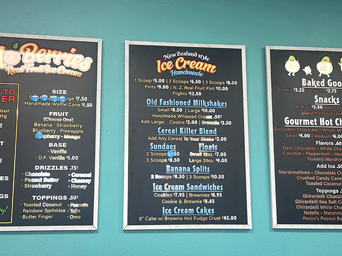 The menu board reads like poetry to dessert lovers. Each flavor and topping combination promises a different route to happiness.
