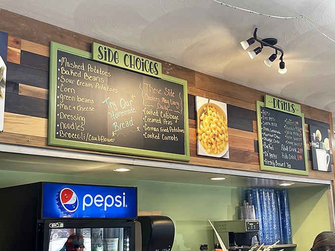 That menu board isn't just listing sides&mdash;it's advertising edible hugs in the form of mashed potatoes and homemade bread.
