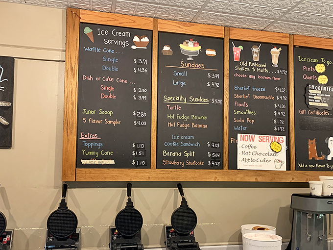 The menu board that's caused more delicious indecision than a Netflix queue. Waffle cones, sundaes, and floats—decisions were never this sweet.