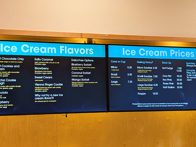 The flavor board reads like a dessert lover's bucket list – each option a potential life-changing experience waiting to happen.