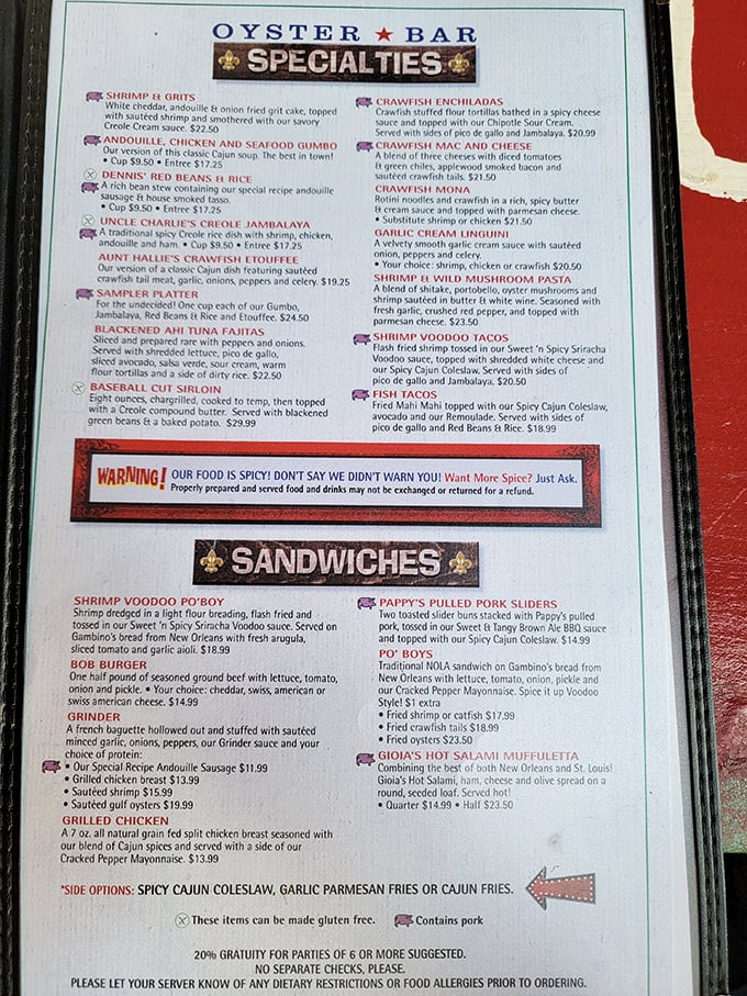The menu doesn't just warn you about spice levels&mdash;it dares you to go hotter. A Cajun treasure map of delights awaits.