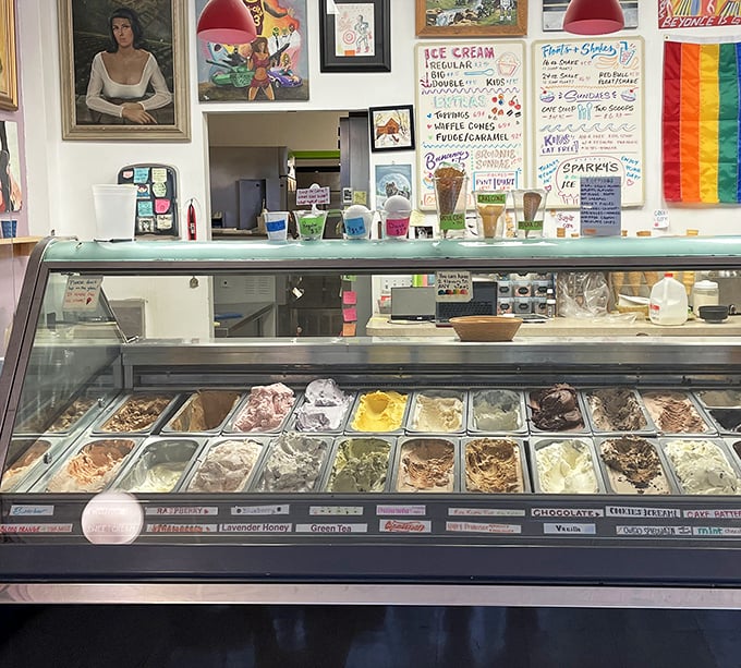 The flavor board reads like a mad scientist's delicious experiments, with lavender honey and green tea sharing space with classic chocolate.