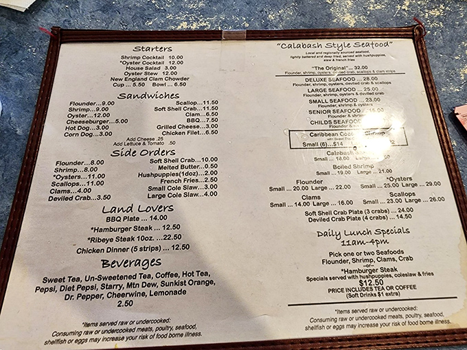 This menu isn't just a list&mdash;it's a treasure map to seafood paradise. No need for fancy fonts when what's inside is the real headline.