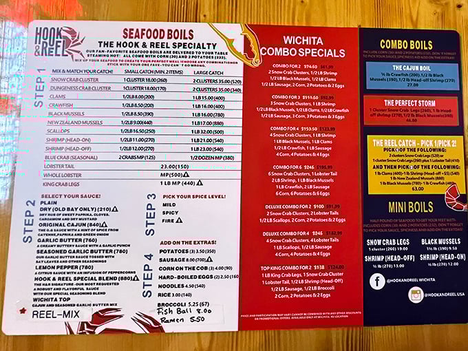 The menu reads like a treasure map for seafood lovers—X marks the spot where your taste buds strike gold.