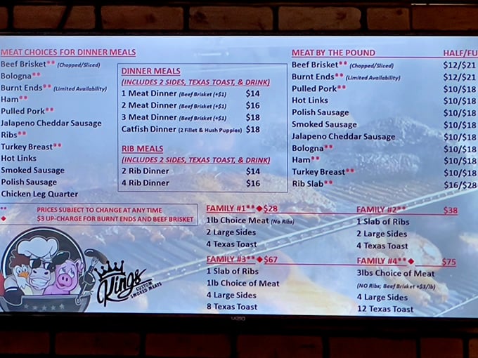 A menu that reads like poetry to carnivores. Each item represents hours of smoking dedication and generations of barbecue wisdom.