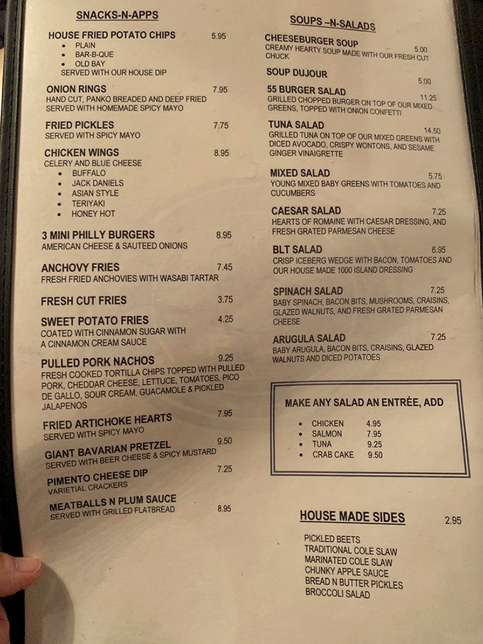 A menu that reads like a love letter to comfort food. The "Snacks-N-Apps" section alone could sustain a small village.