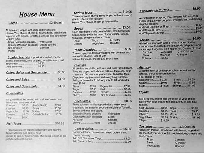 The menu reads like a greatest hits album of Mexican cuisine classics, with each dish promising authentic flavors without pretension.