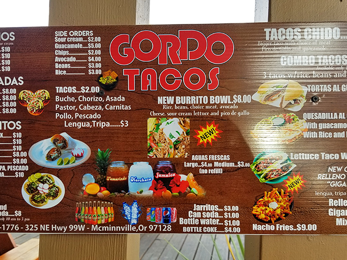 The menu board tells the real story: authentic options from buche to cabeza that would make any taco enthusiast's heart skip a beat. 