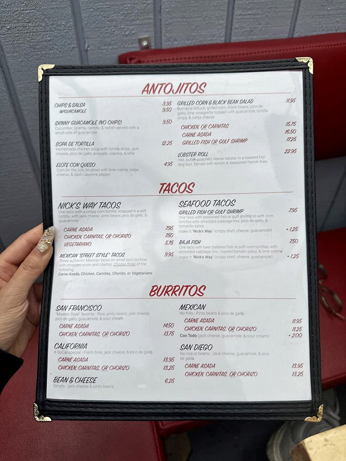 The menu reads like a love letter to coastal cuisine, offering everything from Nick's Way Tacos to that legendary Lobster Roll.