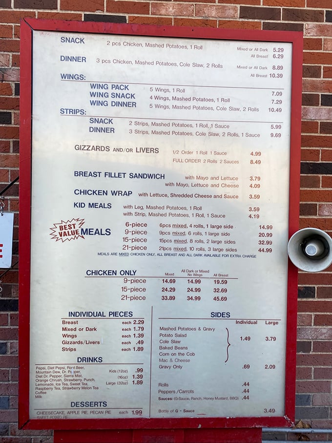 A menu board that cuts right to the chase: chicken, sides, and happiness, all at prices that won't ruffle your feathers.