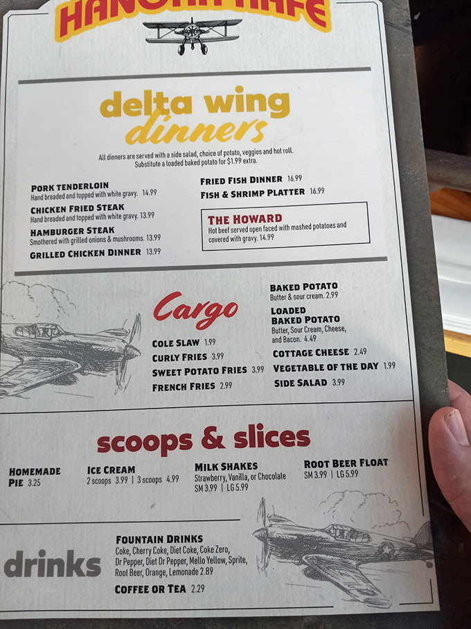 The "Delta Wing Dinners" menu section proves these folks understand both comfort food and clever aviation puns equally well.