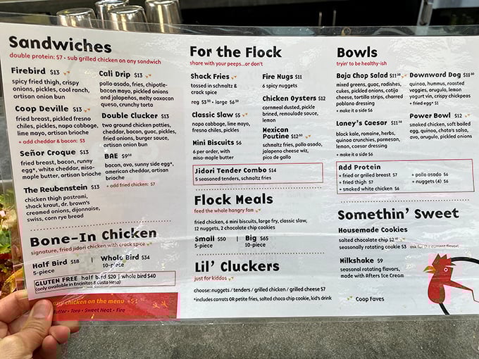 This menu isn't just a list of options&mdash;it's a roadmap to poultry paradise. The Firebird sandwich alone is worth crossing state lines for.