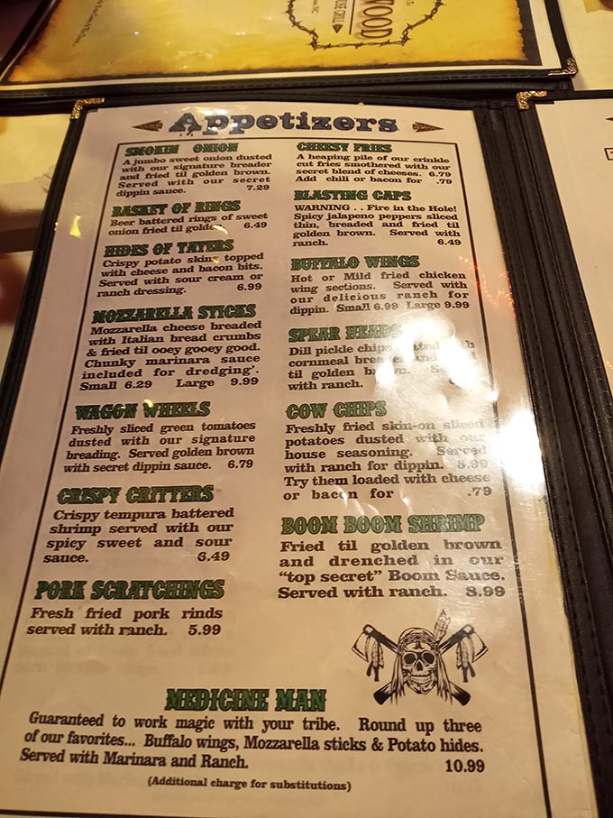 The menu reads like a frontier novel with appetizers like "Nest of Eggs" and "Boom Boomsticks" that'll have your taste buds saddling up for adventure.