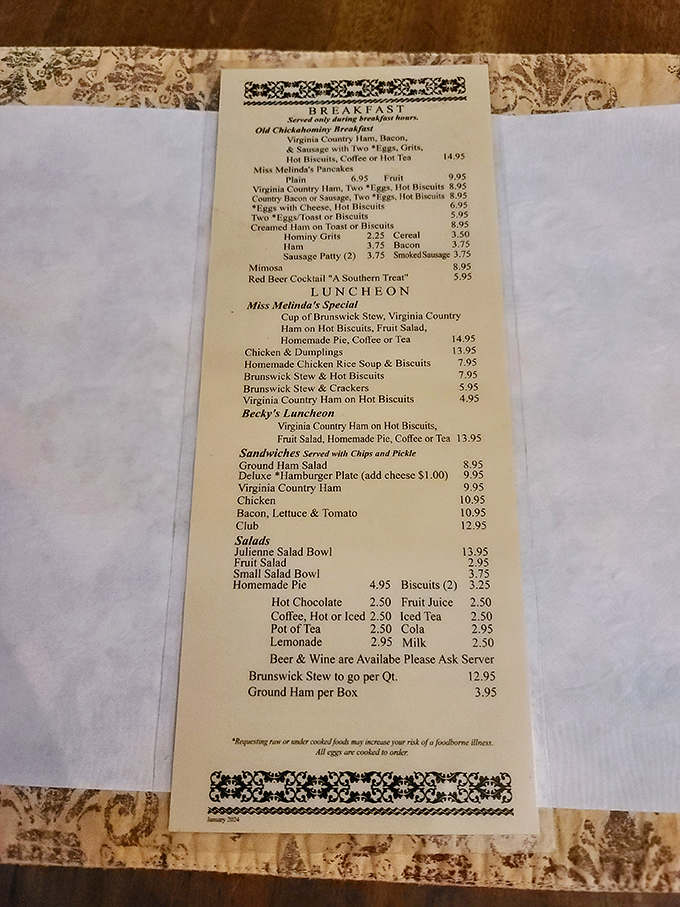 This menu isn't just a list of dishes—it's a historical document of Virginia culinary traditions. Miss Melinda's Special might be the best decision you make all day.