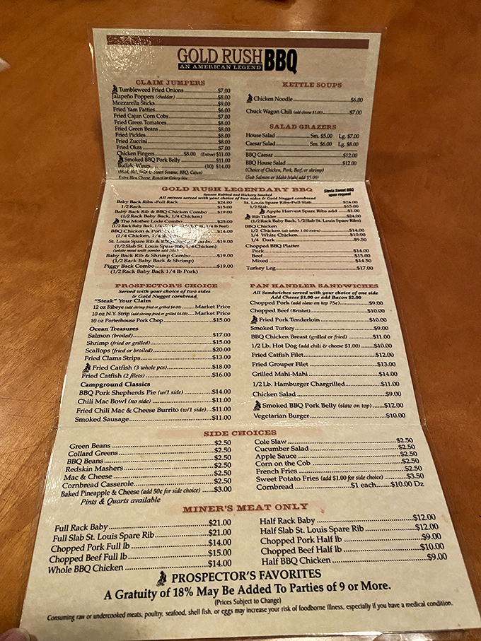 This menu isn't just a list&mdash;it's a treasure map. "Claim Jumpers" and "Miner's Meat Only" sections? Pure gold.