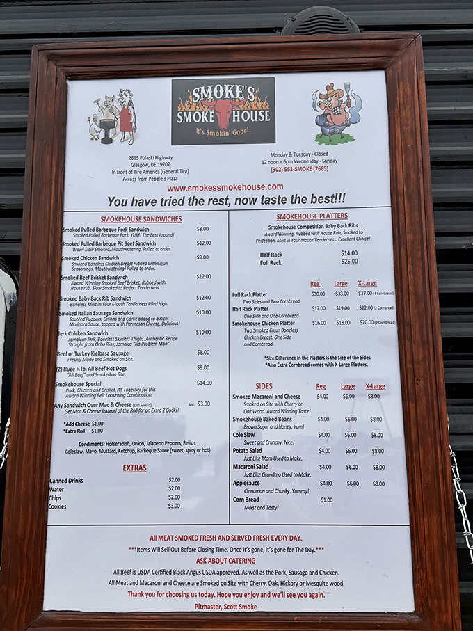 A menu that reads like poetry to carnivores. Notice how they don't waste precious space on salads? That's commitment.