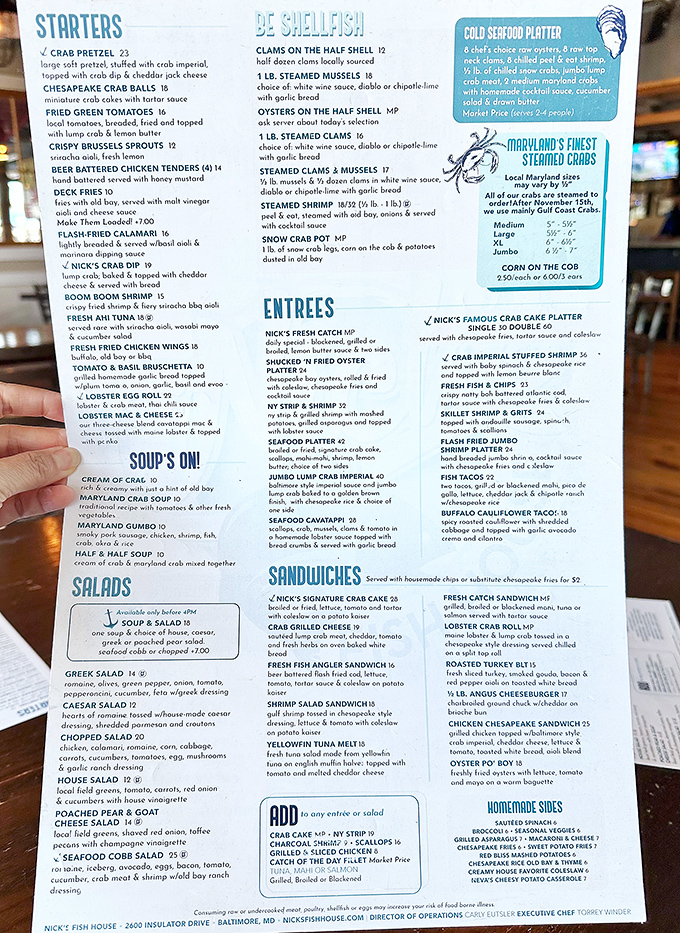 This menu isn't just a list of options&mdash;it's a treasure map to Maryland's seafood bounty. X marks the crab cake. 