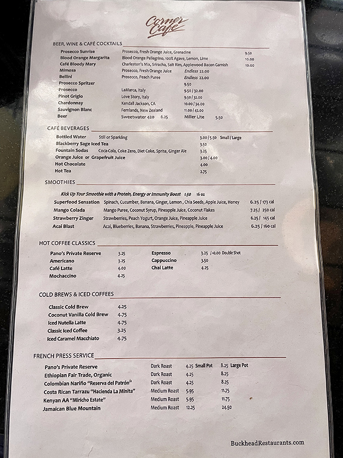 The drink menu at Corner Cafe reads like a love letter to liquid happiness—from Prosecco Sunrise to Jamaican Blue Mountain coffee.