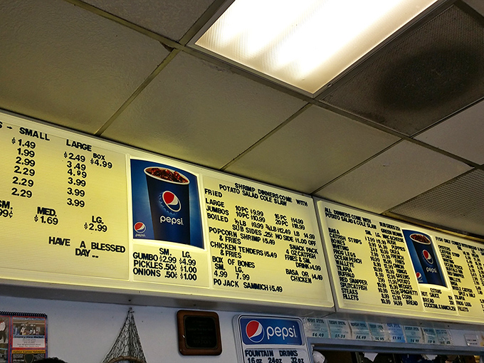The menu board tells a story of seafood abundance that would make Poseidon himself do a double-take.