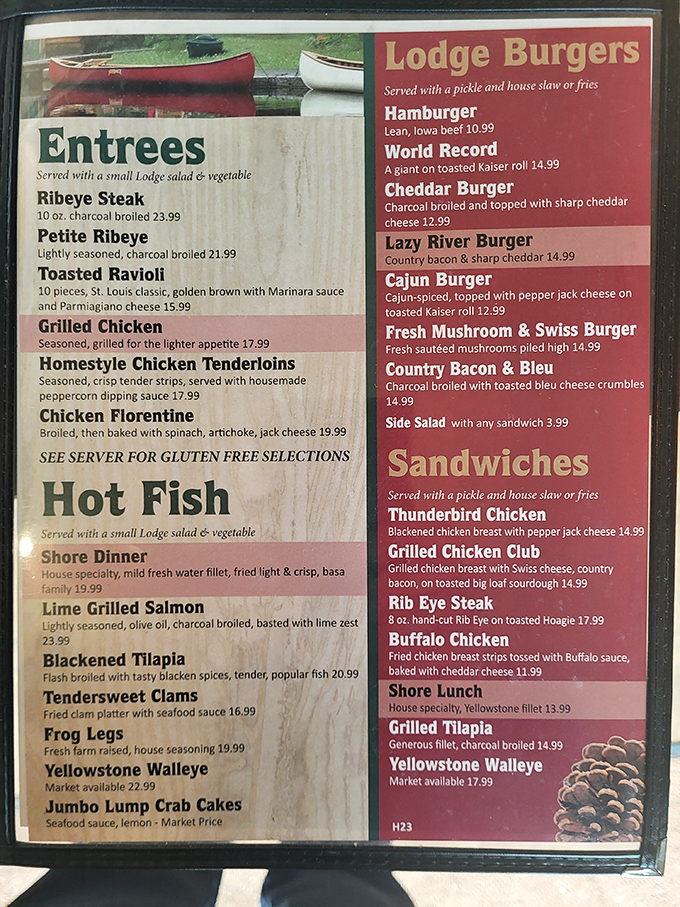 The menu reads like a love letter to seafood lovers, with everything from Yellowstone Walleye to frog legs making appearances alongside hearty landlubber options.