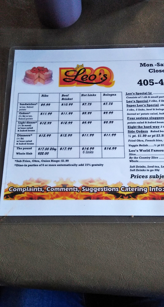 The menu at Leo's reads like a love letter to smoked meat enthusiasts. Notice the strawberry banana cake icon &ndash; foreshadowing of sweet things to come.