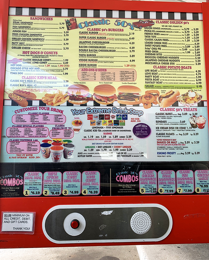 This menu isn't just a list of food&mdash;it's a roadmap to happiness. Each colorful section promises a different journey into comfort food paradise.