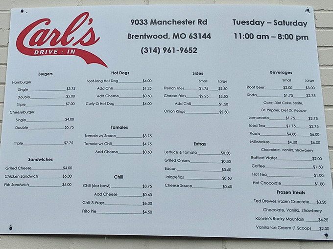 This menu isn't just a list of food; it's a historical document preserving the golden age of American roadside dining.