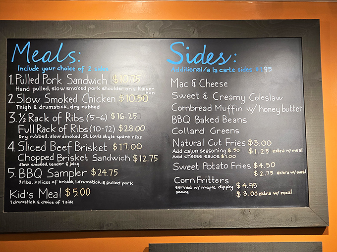 This menu board isn't just a list&mdash;it's a roadmap to happiness. Each item represents hours of smoking dedication and generations of barbecue wisdom. 