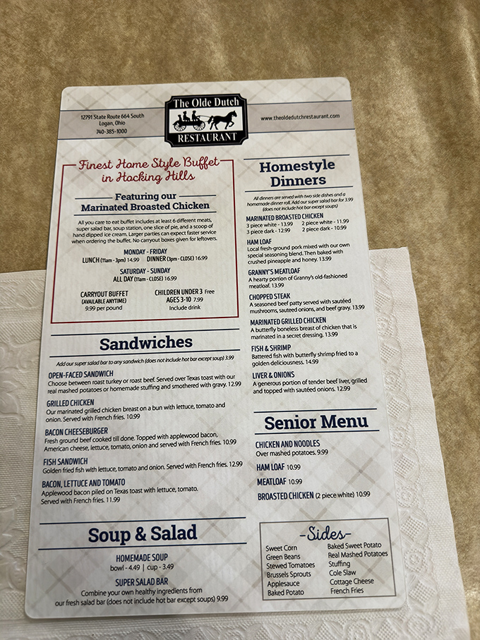 A menu that reads like a love letter to comfort food. The "Finest Home Style Buffet in Hocking Hills" isn't just marketing&mdash;it's a promise.