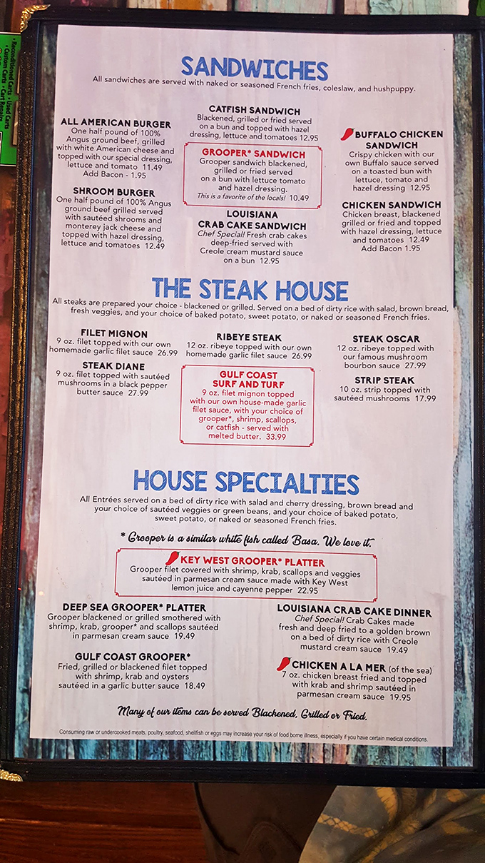 The menu reads like a love letter to Florida's dual heritage of cattle ranching and seafood. That Grouper Sandwich? "This is a favorite of the house."