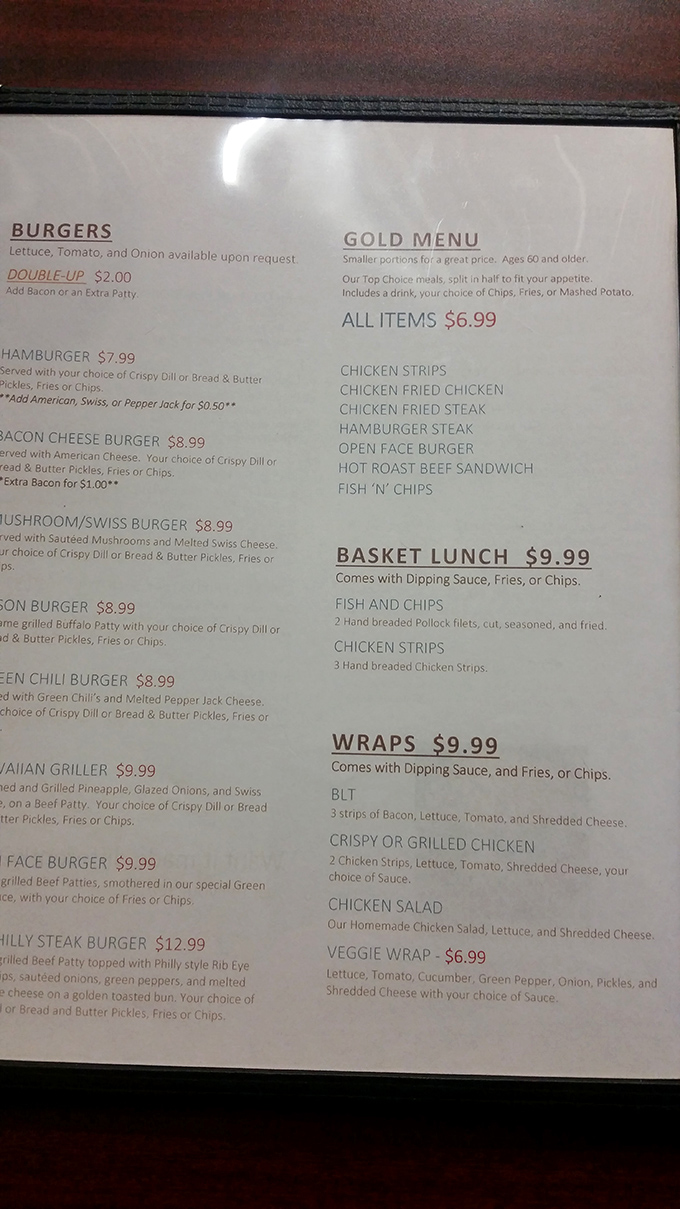 This menu reads like a love letter to American comfort food classics. No molecular gastronomy here, just dishes your grandmother would recognize.