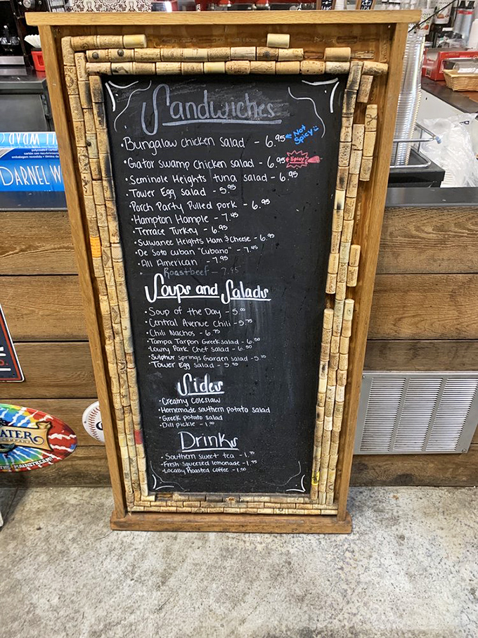 This wine cork-framed menu board is like a treasure map where X marks the spot for culinary gold&mdash;just follow the chalk to sandwich nirvana.