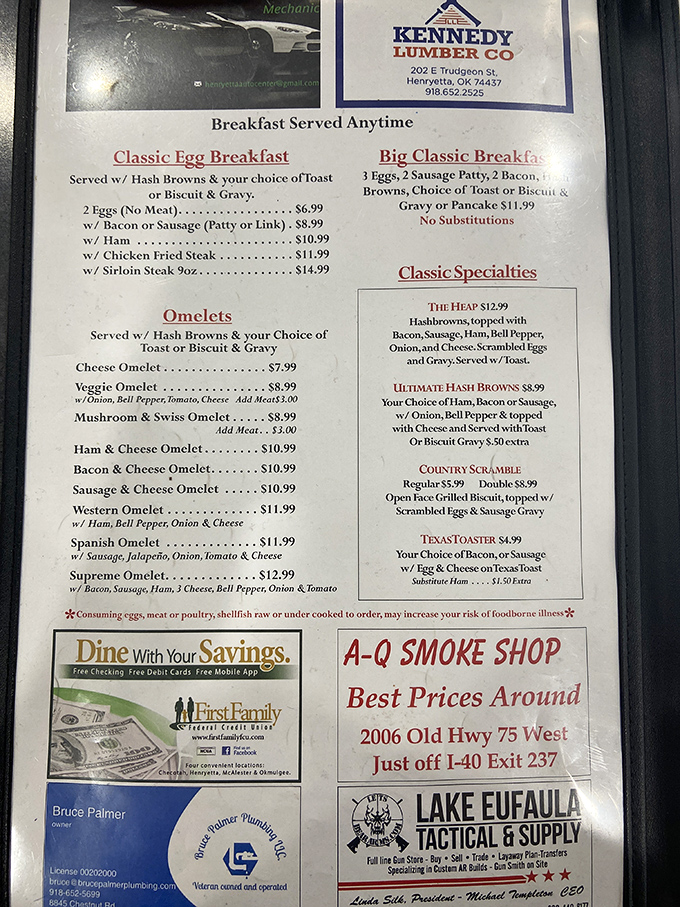 The menu reads like a love letter to American breakfast classics. No molecular gastronomy here&mdash;just honest food that your grandmother would recognize and approve of.