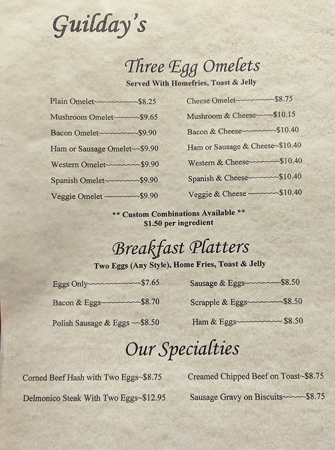 This menu isn't just a list of options&mdash;it's a roadmap to breakfast nirvana, with omelets and platters that could convert even the staunchest brunch skeptic.