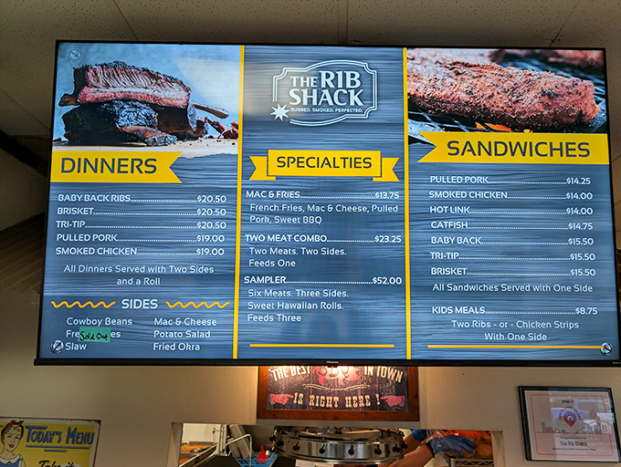 A menu board that reads like poetry to the hungry. Each category promises smoky delights that would make even the most dedicated cardiologist temporarily suspend judgment.